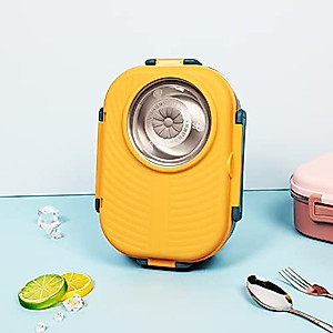 Puraville Stainless Steel Bento Lunch Box for Kids and Adults, Stackable BPA-Free Food Containers with 3 Compartments and Reusable Sauce Bowl, Fork and Spoon, (1000ml/34oz, Yellow)