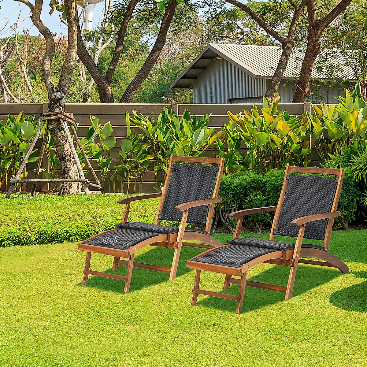 HAPPYGRILL Patio Chaise Lounge Chair with Retractable Footrest, Acacia Wood Lounge Chair, Rattan Wicker Folding Chaise Lounge, Collapsible Lounge Chair for Poolside Patio Garden Porch