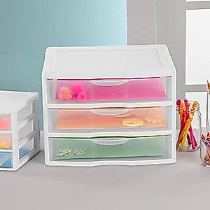 Sterilite Clear Plastic Stackable Small 3 Drawer Storage System for Home Office, Dorm Room, or Bathrooms, White Frame, (6 Pack)