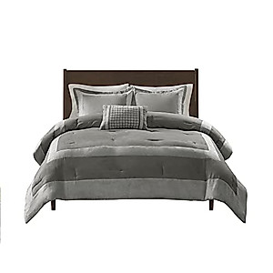 Madison Park Darcey Cozy Comforter Set, Faux Suede, Deluxe Hotel Styling All Season Down Alternative Bedding Matching Shams, Decorative Pillow, Full/Queen(90 in x 90 in), Border Grey 4 Piece