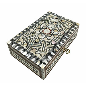 J96R Chest Egyptian Rectangular Mother Of Pearl Mosaic Jewelry Box With Key Lock, Brown