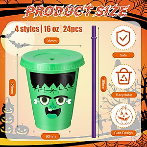 Suttmin 24 Pcs Halloween Party Cups 16 oz Halloween Disposable Plastic Tumbler with Lid and Straw in 4 Colors for Coffee Tea Cold Drinks Party Favors Supplies (Orange, Green, Purple, Pink)