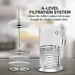 OVENTE French Press Carafe Coffee & Tea Maker 20 Ounce, 4 Filter Stainless Steel Plunger System & Durable Borosilicate Heat Resistant Glass, Portable Easy Clean Pitcher with Free Scoop, Silver FSH20S