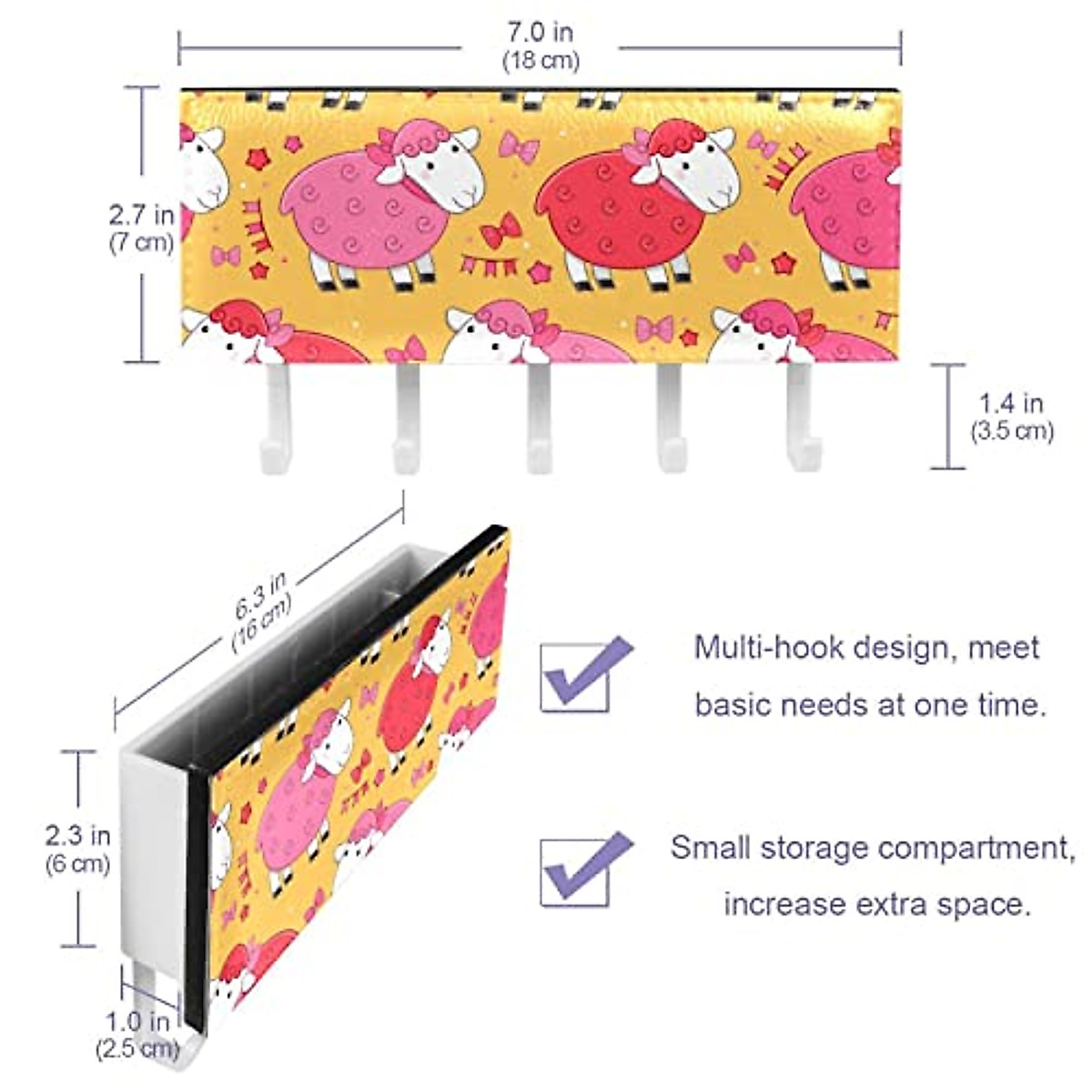 Cute Cartoon Lamb Pink Sheep Rack Organizer with 5 Hooks Wall Bathroom Kitchen Shelf Rack Multifunctional Storage Shelf