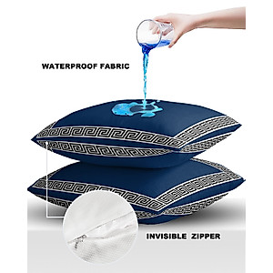 Outdoor Waterproof Pillow Covers for Patio Furniture Geometric Greek Key Design Decorative Throw Pillow Cover Navy Blue Pillowcases Set of 2 Cushion Case for Sofa Couch Chair Home Decor 26x26 inch