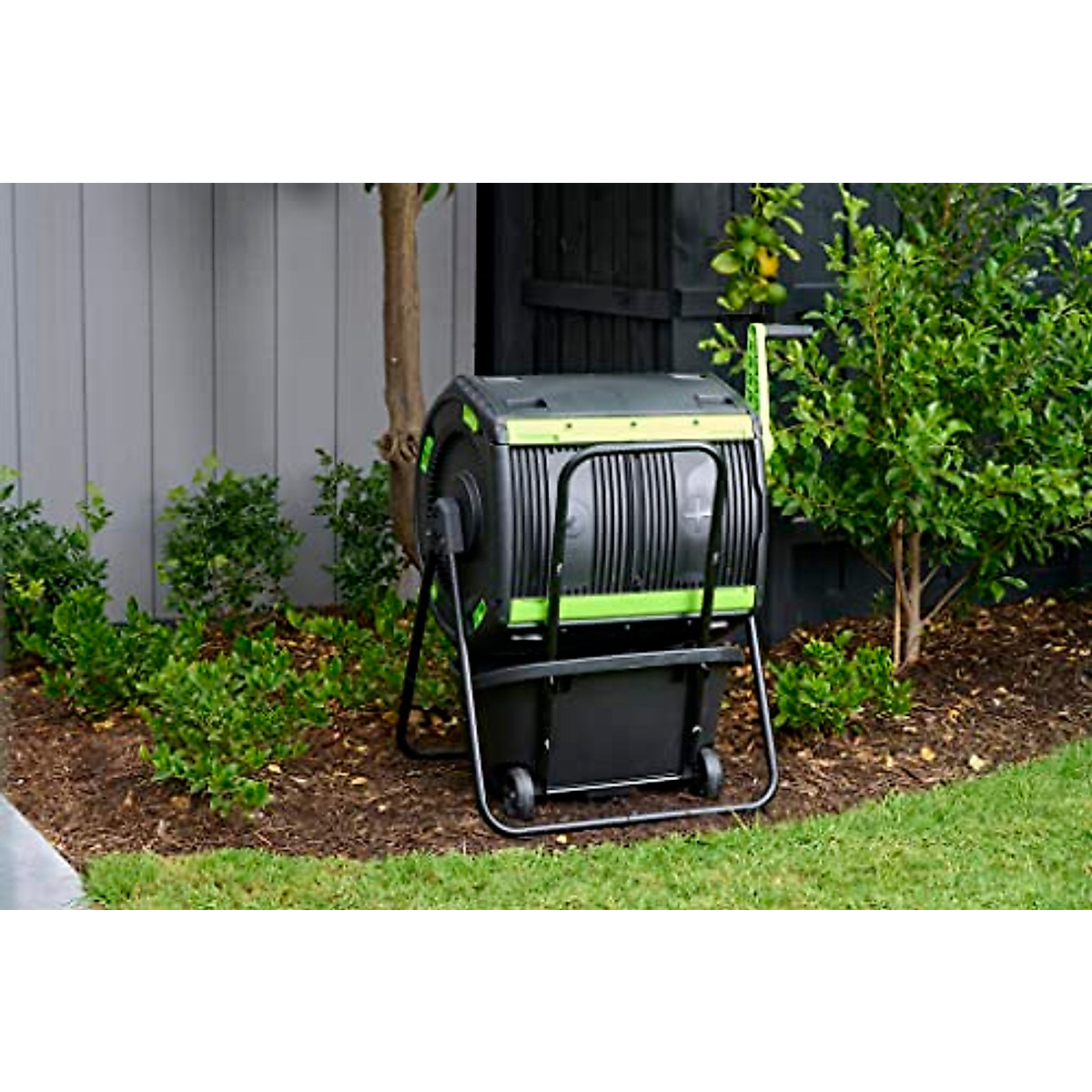 MAZE 48 Gallon Geared Two Compartment Compost Tumbler and MAZE Compost Cart