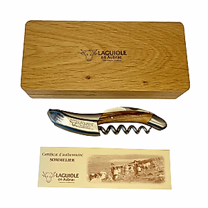 Laguiole En Aubrac Sommelier Waiter's Corkscrew, Olivewood Handle, Wine Opener With Foil Cutter & Bottle Opener, Brushed Bolster