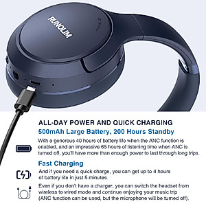 RUNOLIM Hybrid Active Noise Cancelling Headphones, 65H Playtime, Built-in Microphone, Bluetooth Wireless Over Ear Foldable Headphones with HiFi Audio, Home Travel Office