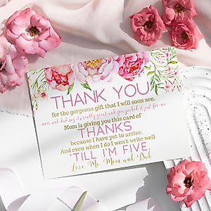 Cottage Floral Baby Shower Thank You Cards with Envelopes Blank Notes Prefilled Message Girls, Personalize for Registry Gifts Cute Pink and Gold Notecard Set 4x6 Stationery, 15 Pack