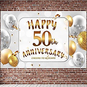 PAKBOOM Happy 50th Anniversary Backdrop Banner - Cheers to 50 Years Anniversary Party Decorations Supplies for Parents - 3.9 x 5.9ft Silver