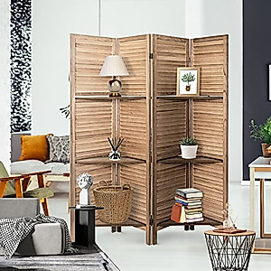ECOMEX Room Divider 4 Panel, Wood Room Divider Screen,Freestanding Room Dividers and Folding Privacy Screens, Easy Move Partition Room Dividers, Temporary Wall Room Divider with Shelves (Brown)