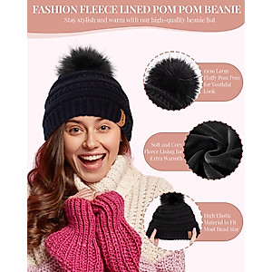 Womens Winter Beanie With Pom Pom, Fleece Lined Scarf and Touchscreen Gloves Set for Cold Weather (Black)