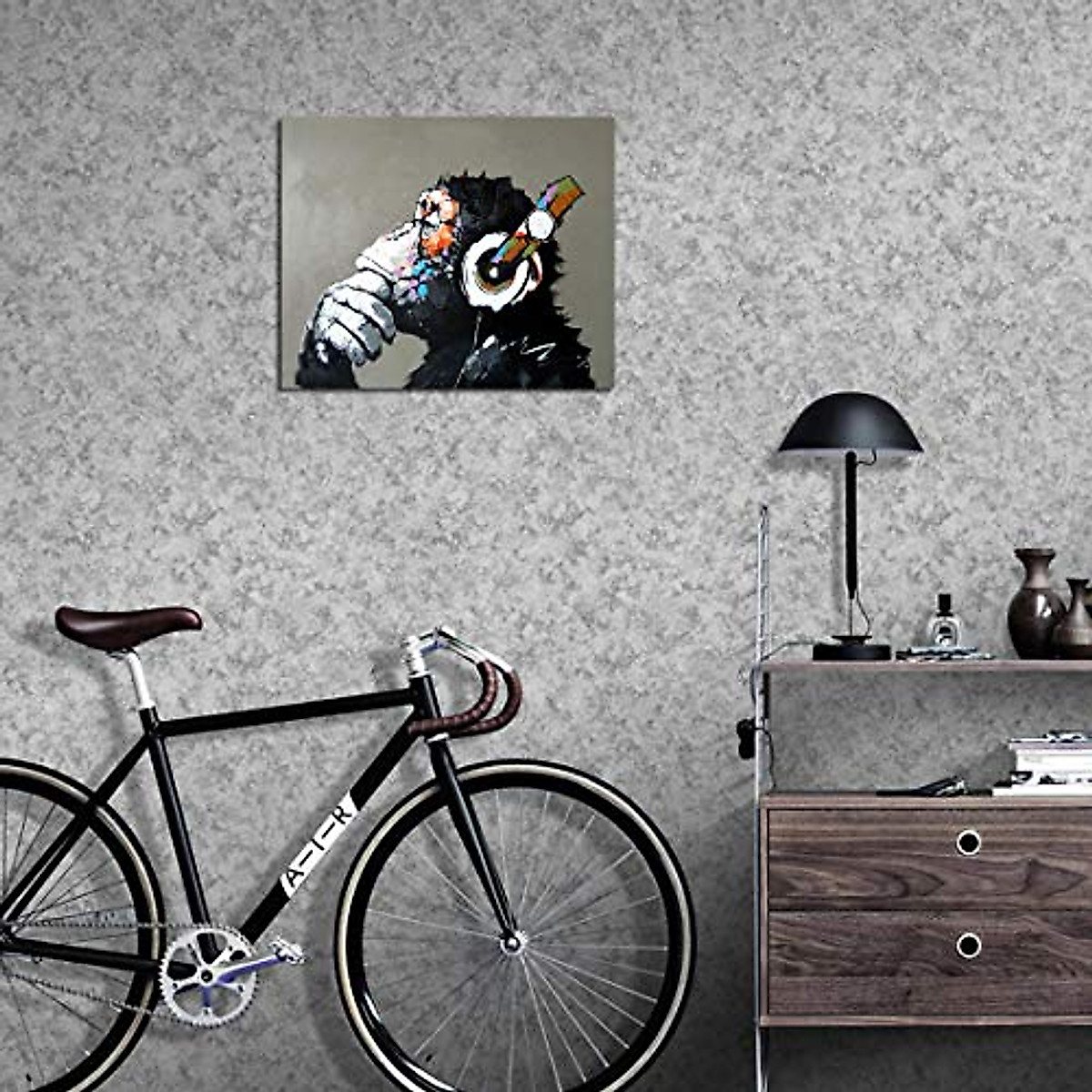 Muzagroo Art Music Monkey with Headphone Oil Paintings Hand Painted on Canvas Wall Art for Living Room Chimps Media Room Art M