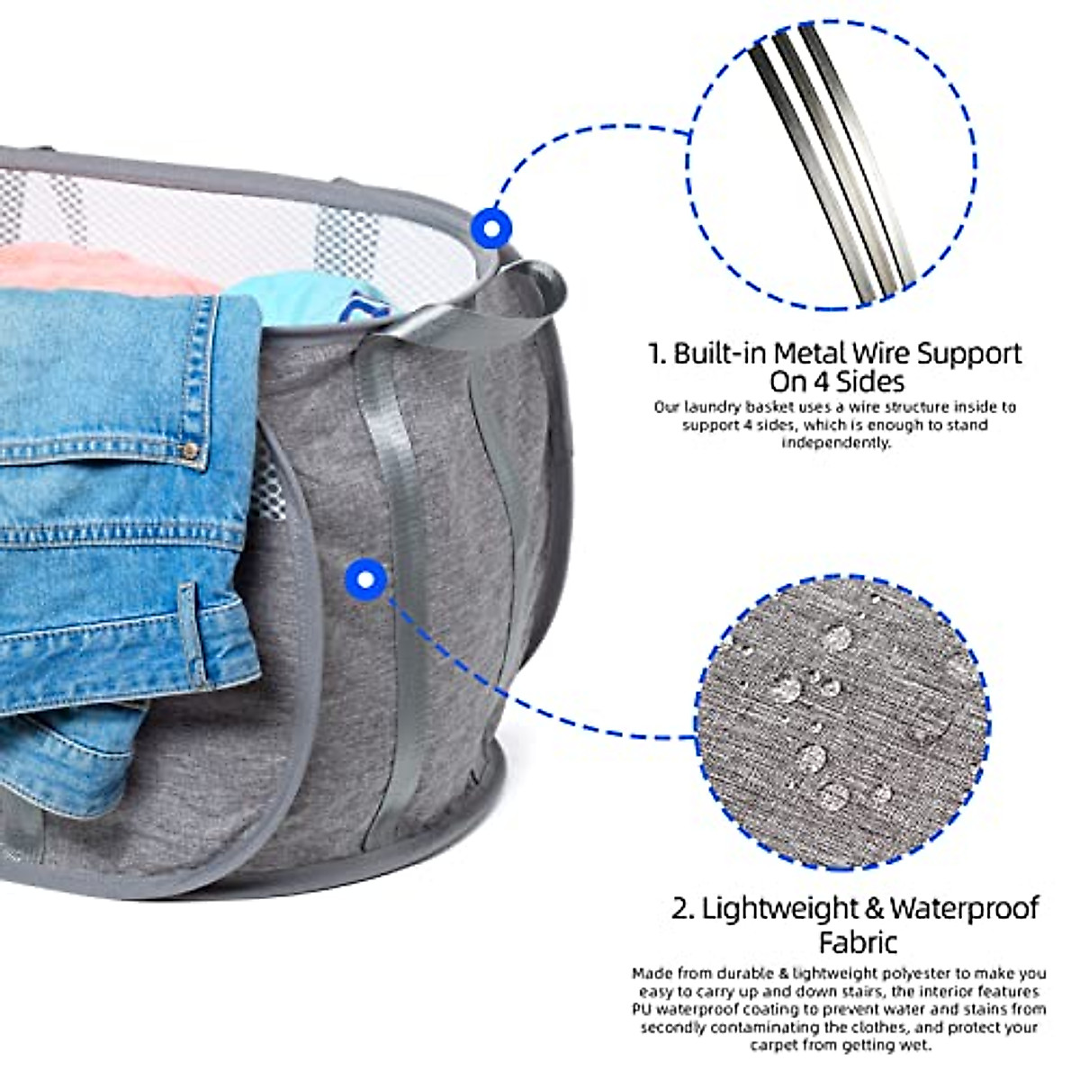 Fenlosi Tear Proof Pop Up Laundry Hampers, with Strong Handles Laundry Hamper, Easy to Carry & Go Up and Down Stairs, Honeycomb Mesh-Breathable, Easy to Collapsible Laundry Basket. (2.5Loads, Large)