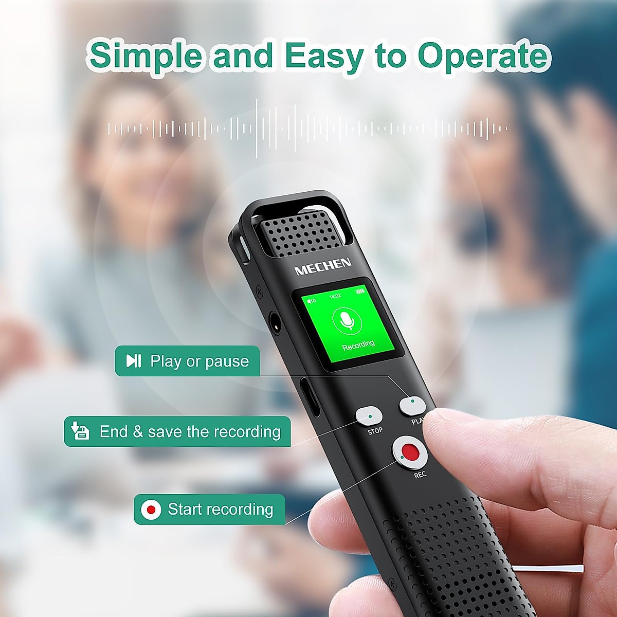 64GB Digital Voice Recorder Voice Activated Audio Recorder for Lectures Meetings - MECHEN 1536Kbps Small Rechargeable Dictaphone with Playback,7-Level Noise Reduction,Microphone,Password (Black)