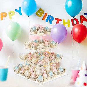 Cupcake Stand with Base, 4-Tier Square Acrylic Cupcake Display Stand Dessert Tower Pastry Stand Premium Cupcake Holder for Wedding Birthday Theme Party - Transparent