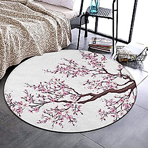Round Area Rugs 3ft Diameter Throw Rugs Non-Slip Floor Carpet for Bedroom Living Room Nursery Decor (Branch of A Flourishing Tree Flowers Cherry Blossoms Spring Theme Art White)