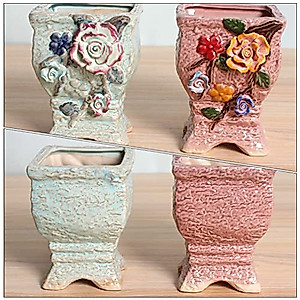VOSAREA Hand Painted Square Succulent Planter Cactus Planter Pot Bonsai Pot Clay Pot Flower Pot Floral Design Random Color