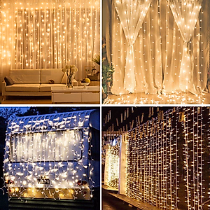 Twinkle Star 300 LED Window Curtain String Light for Christmas Wedding Party Home Garden Bedroom Outdoor Indoor Wall Decorations (Warm White)
