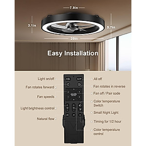 DOURARY Flush Mount Ceiling Fans with Lights and Remote, Minimalist 20 in Dimmable Low Profile Ceiling Fan, Match any Interior, Stepless Color Temperature Change, and 6 Speeds - Black