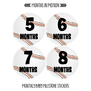 Months in Motion Baby Monthly Stickers - Baby Milestone Stickers - Newborn Boy Stickers - Month Stickers for Baby Boy - Baby Boy Stickers - Newborn Monthly Milestone Stickers - Baseball - Set of 20
