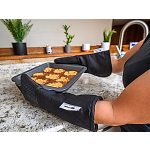 VEERAPPYDY Silicone Oven Mitts Non-Slip Grip Gloves for Grilling Baking Cooking, Heat Resistant 540 degree F, Flexible Terry Cloth Cotton, Storage Hanging Hooks Black 2 pack, 14.9X6.7in