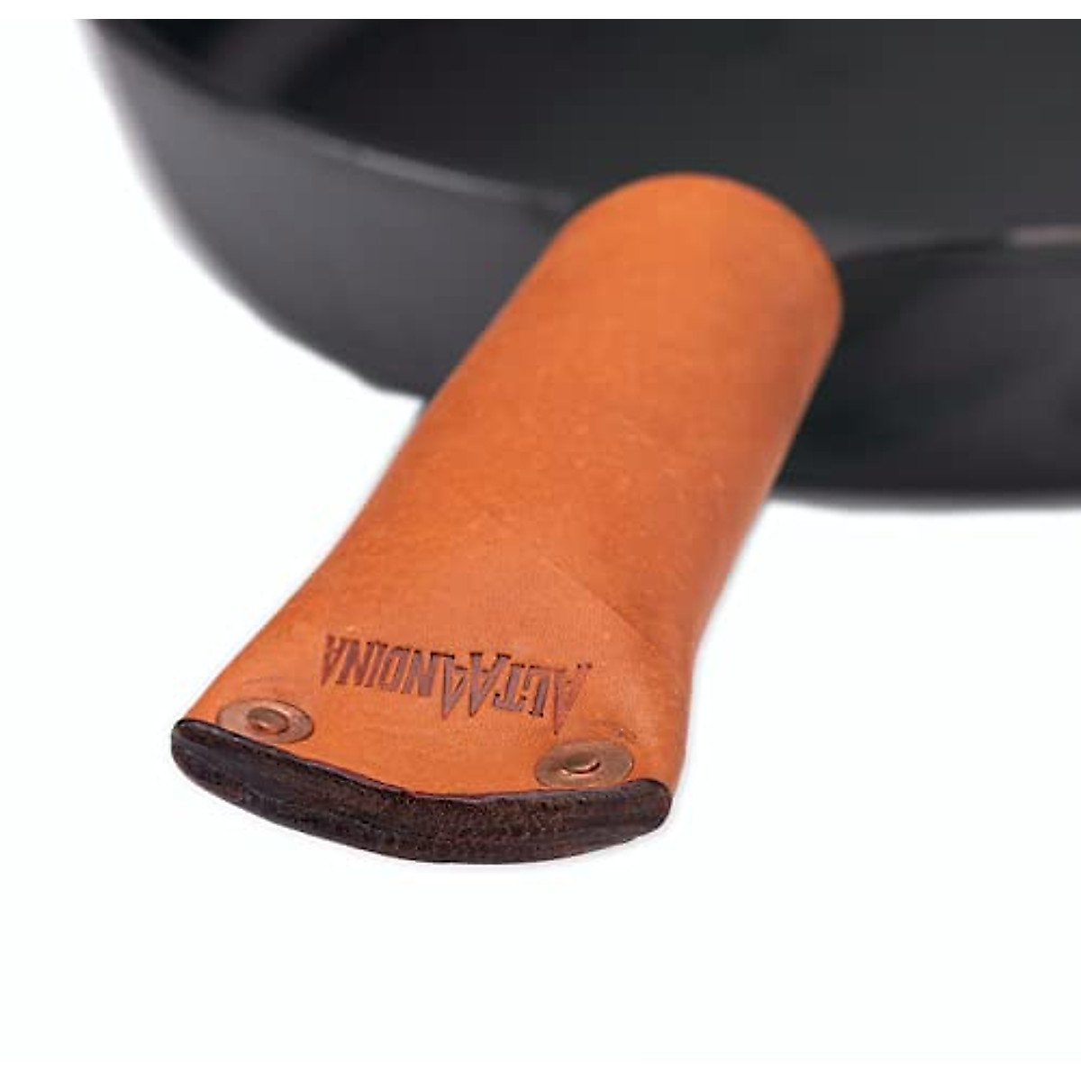 Alta Andina Leather Skillet Handle Cover | Rustic Copper Rivets | Vegetable Tanned Leather Hot Handle Holder for Cast Iron Skillets & Cookware (Brown – Miel)