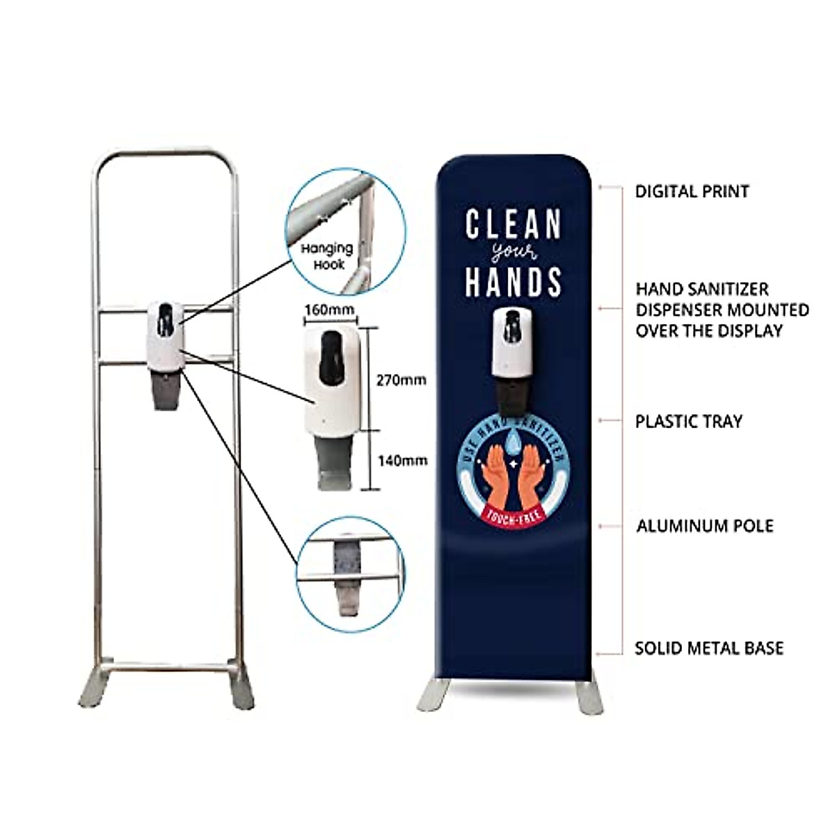 BannerBuzz Touch-Free Dispenser Floor Stand Kit Touchless Machine with Clean Your Hands Fabric Banner Stand Best for Hospital, Home, School, Office- 2 X 6.5 Ft (Double Side Print, Theme: 3)