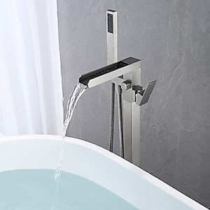 Wowkk Freestanding Bathtub Faucet Waterfall Tub Filler Brushed Nickel Floor Mount Brass Single Handle Bathroom Faucets with Hand Shower