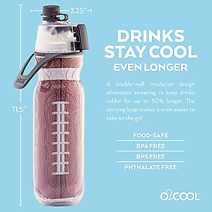 O2COOL Mist 'N Sip Misting Water Bottle No Leak Pull Top Spout Sports Water Bottle 20 oz (Football)