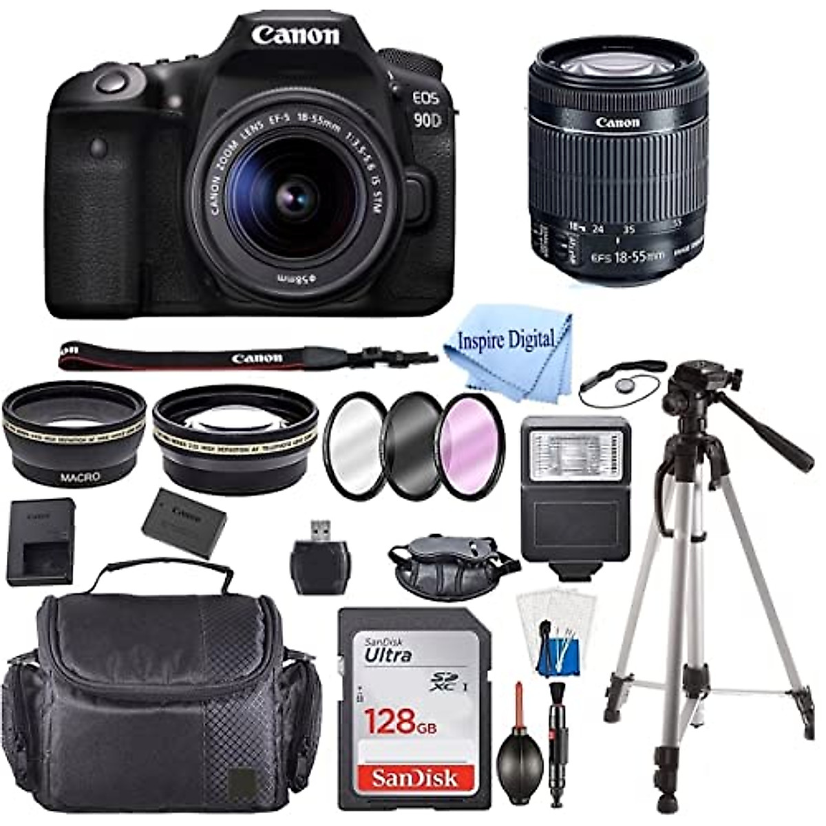 Canon EOS Rebel 90D DSLR Camera w/EF-S 18-55mm f/3.5-5.6 Lens +128GB High Speed Memory + Case + Filters + Tripod + Inspire Digital Cloth & More (Renewed)