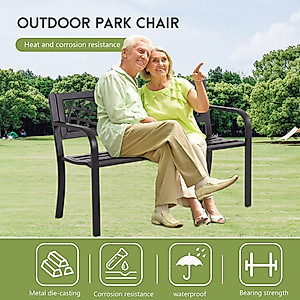 Ruesleag Garden Bench,Metal Outdoor Bench Park Bench with Plastic Mesh Backrest Armrests Sturdy Steel Frame for Patio Yard Porch Entryway Black