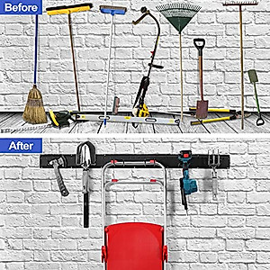 Garage Tool Storage Rack, Heavy Duty Wall Mounted Tools Organizer, Steel Garden Tool Storage System, Shovel Holder Organization Hanger with 6 Double-Hooks, 49.5inch Tracks Max Load 300lbs