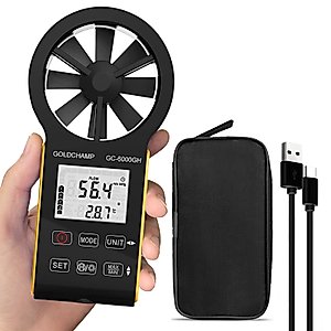 GOLDCHAMP Digital Anemometer, CFM Rechargeable & Waterproof Anemometer Measures Wind Speed(0.3~30m/s), Air Volume(0-999900 ft3/min) with Touch Screen, Backlight Display for HVAC, Shooting, Drone