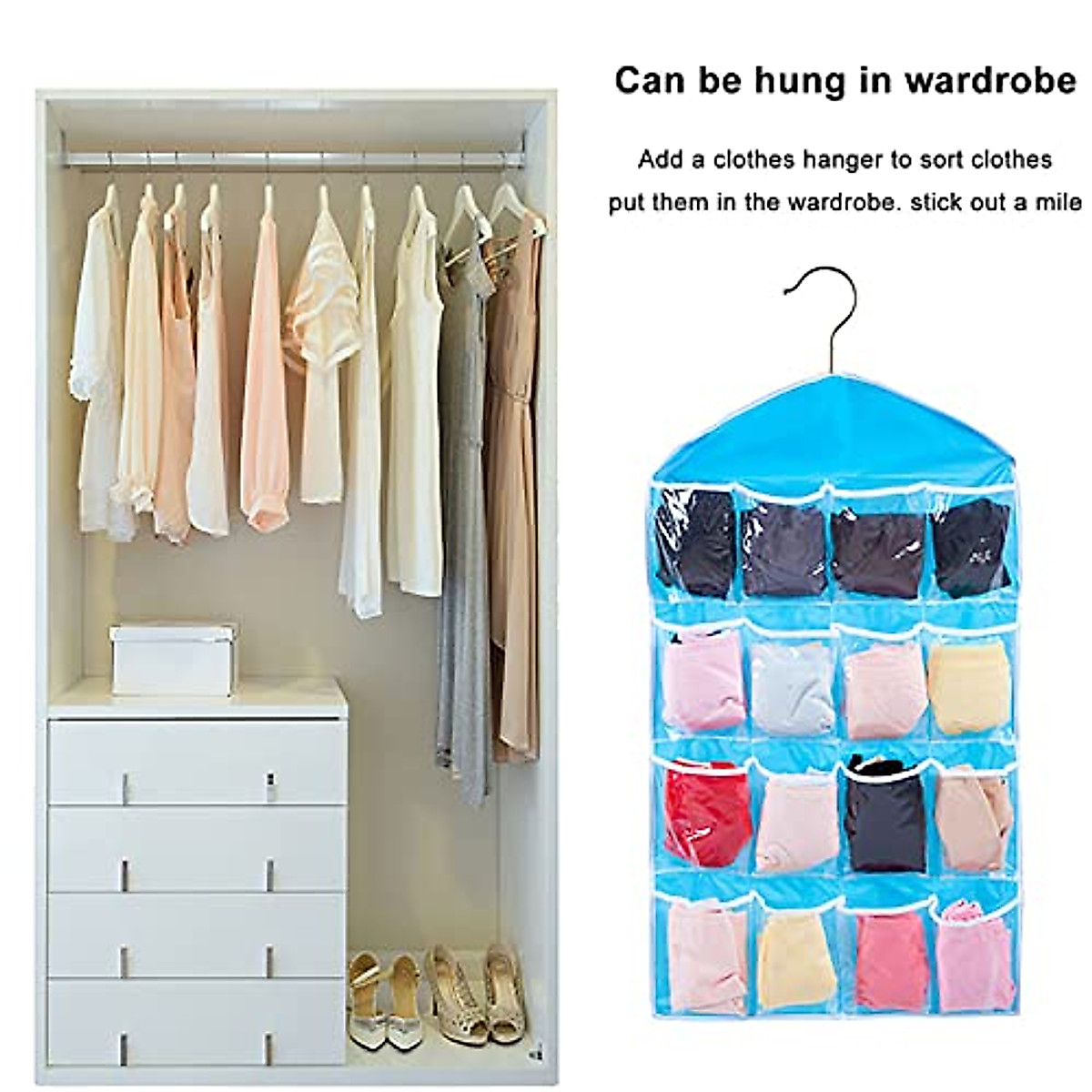 HTDBKDBK Closet Hanging Organizer with Clear Pockets & Metal Hanger, 16-Pocket Wall Shelf Wardrobe Storage Bags Hanging Shelves, Beige