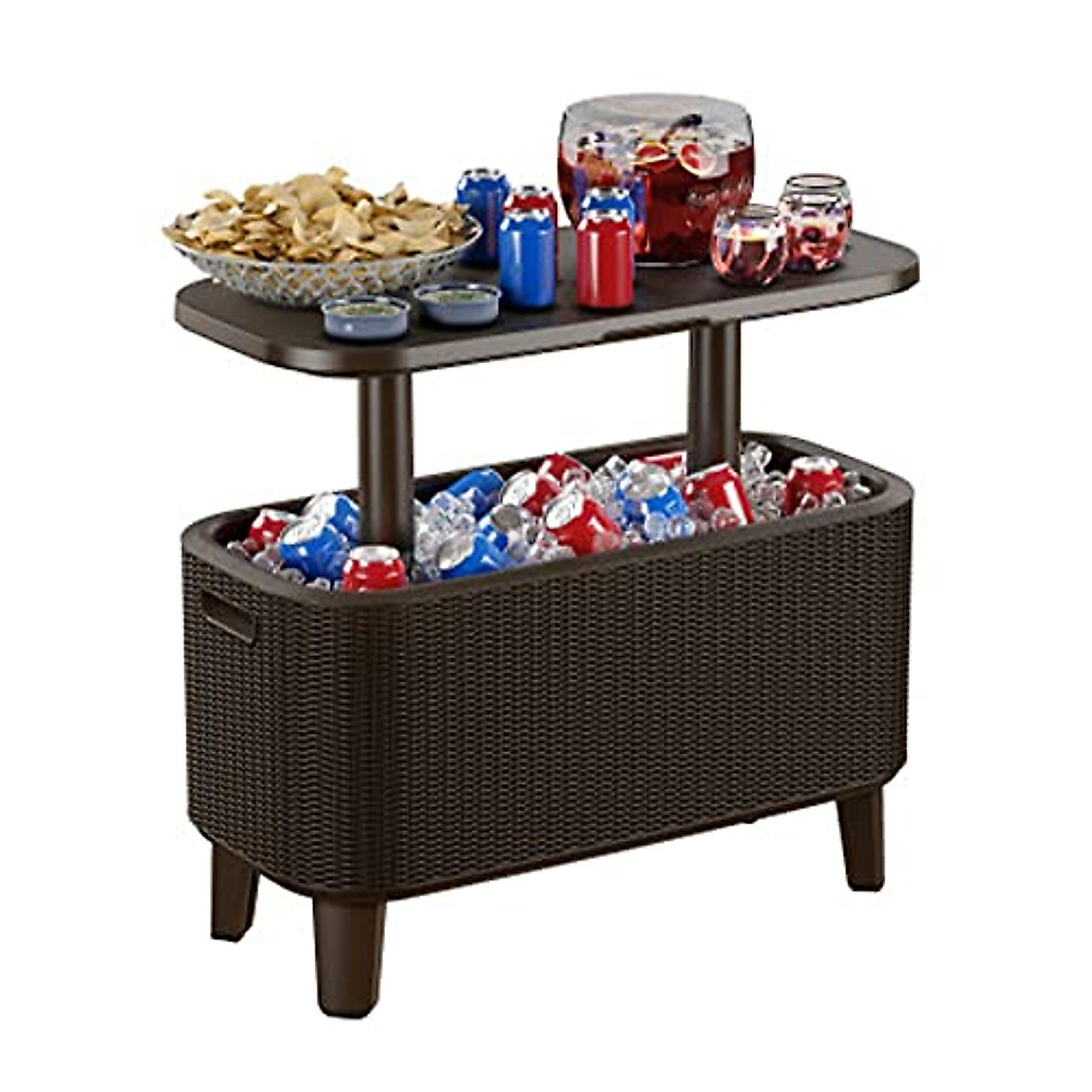Keter Bevy Bar Indoor Outdoor 17 Gallon 2 in 1 Beverage and Snack Station Pop Up Side Table Bar Cart, Beer and Wine Cooler Storage, Rattan Brown