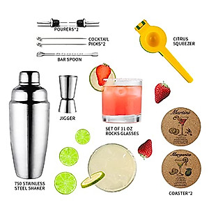 USEEKRIL Margarita Cocktail Kit - Set of Rocks Glasses | Stainless Cocktail Shaker | Jigger|Bar Spoon|Citrus Squeezer | Coasters | Pourers | Cocktail Picks | Accessories to Craft Margaritas at Home!