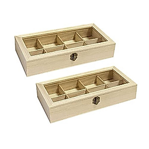 Cregugua 2 Pack Unfinished Wooden Box with Glass Lid, Wood Jewelry Storage Tray Box,8 Compartment Organizer 12.6 x 6.3 x 2.4 In