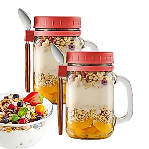 Yogurt Containers, 2 Pieces Oats Jars,480ml Glass Oatmeal Jars, Long Lasting Overnight Oats Jars, Anti Scald Design Yougurt Cups with Lids and Spoons, Breakfast Cups for Smoothies Drinks Juices