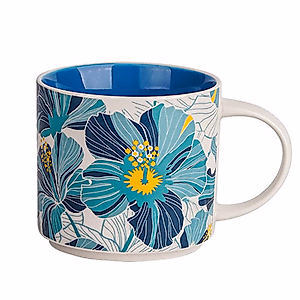 Caalio Ceramic Tea Cup Coffee Mug for Office and Home, Hand Painted with Handles, Vintage Flower Blossom Mug, Dishwasher Microwave Safe, Blue - 15.8oz