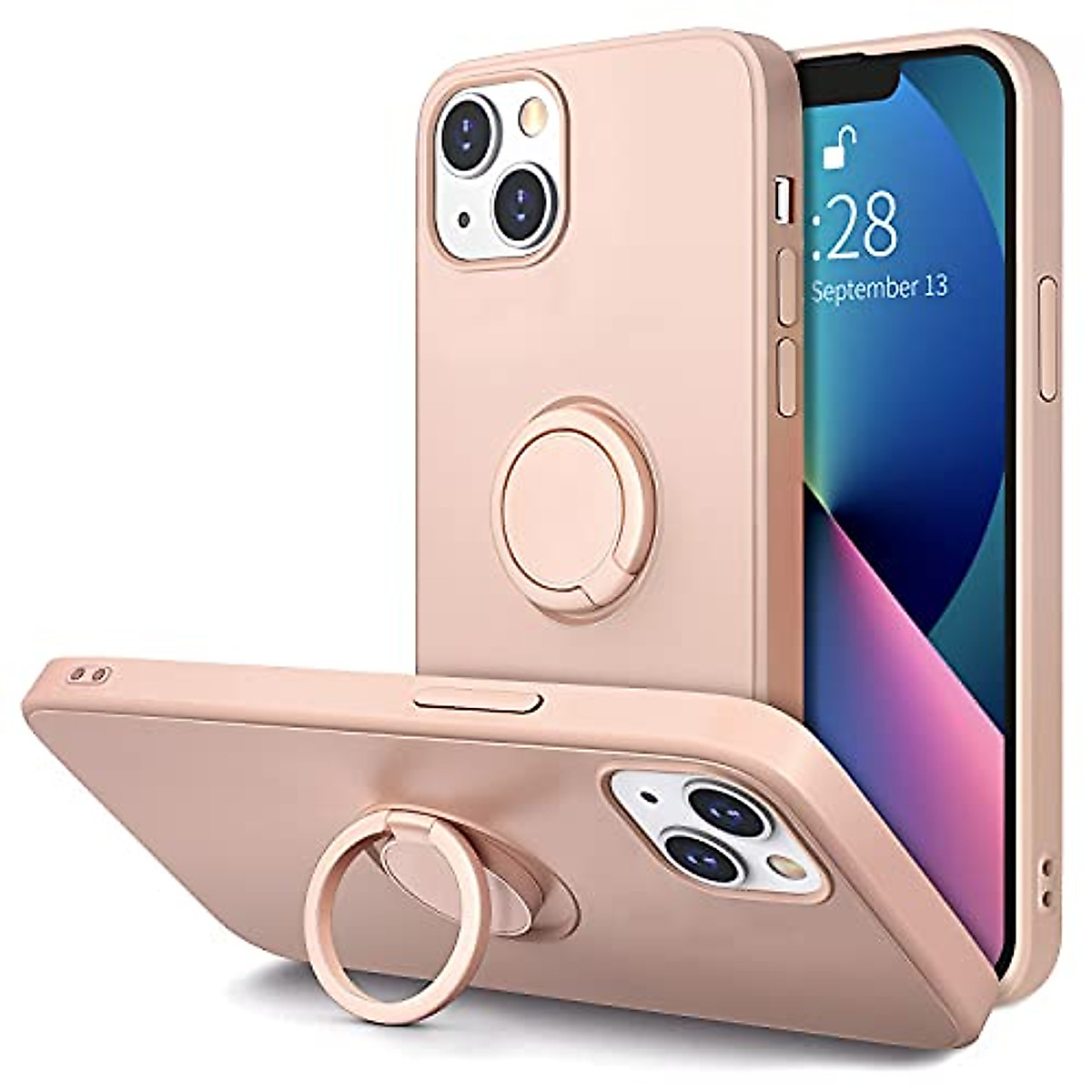 Hython Case for iPhone 13 Mini Case with Ring Stand [360° Rotatable Ring Holder Magnetic Kickstand] [Soft Microfiber Lining] Slim Shockproof Rubber Protective Phone Case Cover for Women, Pink Sand