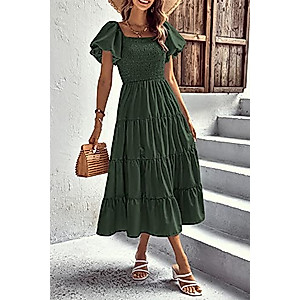 PRETTYGARDEN Women's Casual Summer Midi Dress Puffy Short Sleeve Square Neck Smocked Tiered Ruffle Dresses (Army Green,Medium)