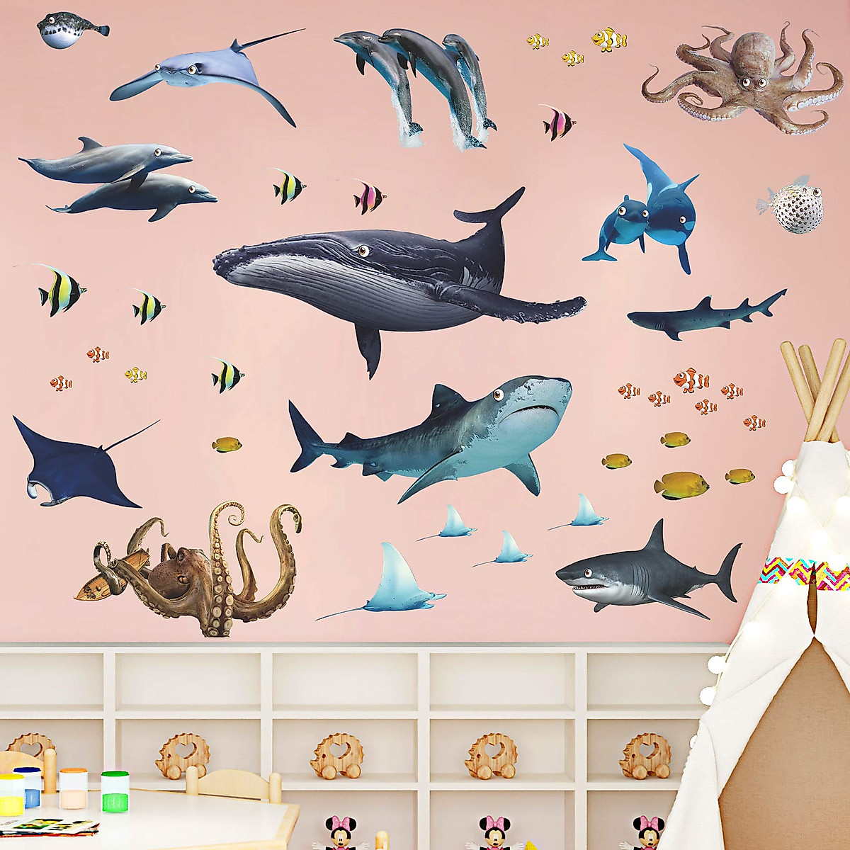 Removable 3D Removable Under The Sea Fish Wall Sticker DIY Ocean Animals Wall Decals Whale, Shark, Squid Wall Decor Peel and Stick Art for Kids Room Baby Bedroom Nursery Boy and Girls