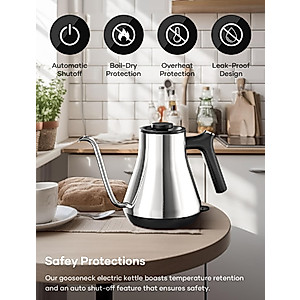 Gooseneck Electric Kettle, Offacy Gooseneck Kettle with 100% Food Grade 304 Stainless Steel, Pour Over Kettle & Coffee Kettle, Tea Kettle 1200 Watt Quick Heating, 0.9L, Stainless Steel