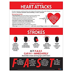 2 Pack: Sudden Cardiac Arrest & Symptoms of Heart Attack and Stroke Poster - Laminated, 17 x 22 inches - Workplace Health and Safety Posters