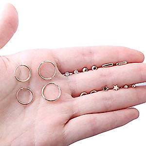 Milacolato 8 Pairs Sterling Silver Stud Earrings Set for Women 14K Rose Gold Plated Ball Dot CZ Star Moon Bar Tiny Earring Small Hoop Cartilage Earrings Set