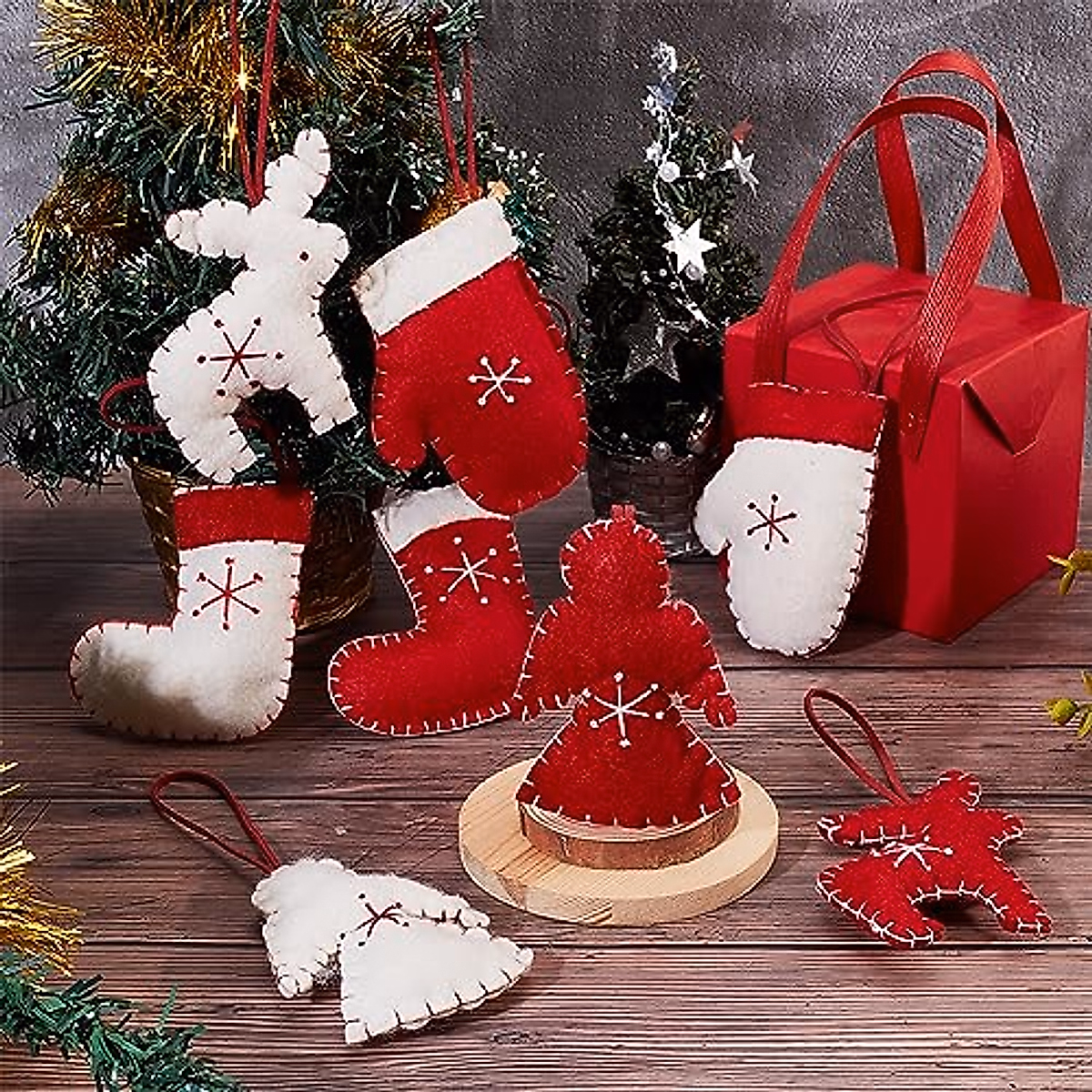 CRASPIRE 8pcs Felted Christmas Mittens Christmas Hand Decor with Cotton Rope Gloves Angel Sock Reindeer Xmas Hanging Ornament Felt Crafts for Christmas Tree Decorations Party Accessory