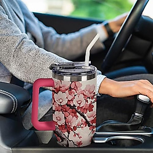 40 Oz Vacuum Tumbler with Light Rose Red Handle Leakproof Insulated Tumbler Japanese Floral Cherry Blossom Stainless Steel Travel Mug with Lid And Straw Coffee Cup Cute Water Bottles Cup Holder Friend