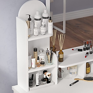 ECACAD Vanity Desk Set with Large Mirror, Makeup Vanity Dressing Table with 5 Drawers, Storage Shelves and Cushioned Stool for Bedroom, White