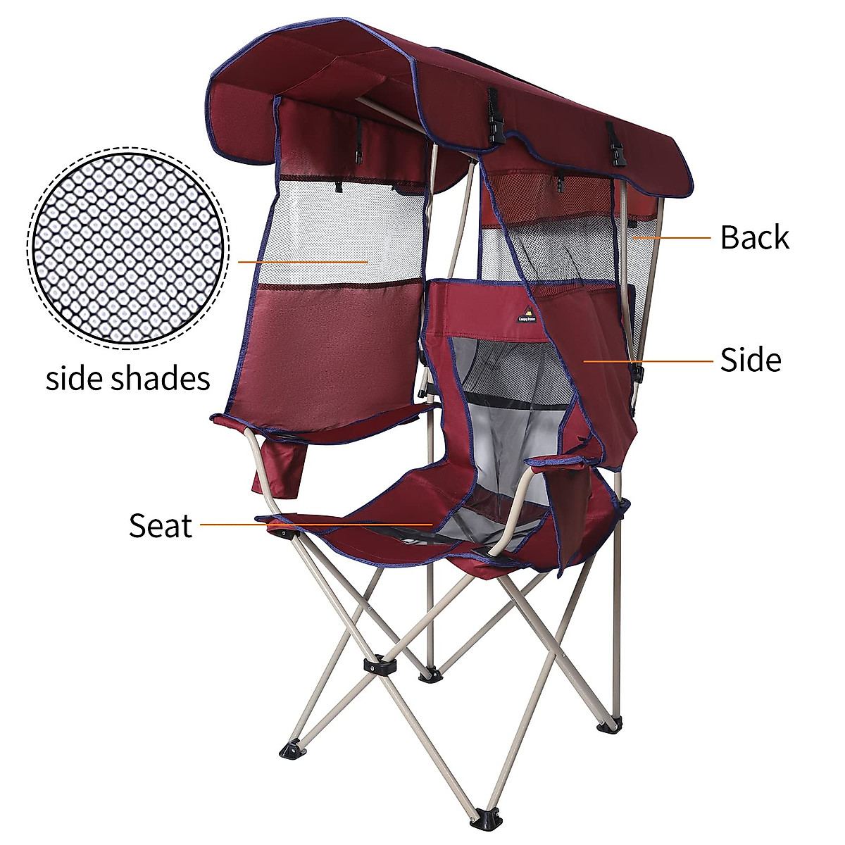 Camping Brothers Camping Chair with Shade Canopy - Outdoor Folding Patio Chair - Includes Retractable Sun Shade, Cup Holder, Side Pockets (Maroon)